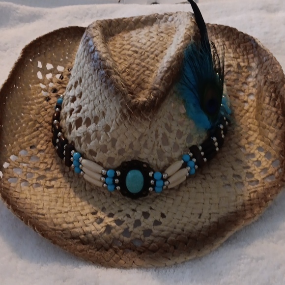 Accessories | Straw Cowboy Hat With Turquoise Brown And Tan Beads ...